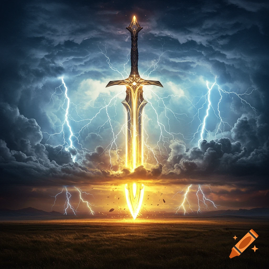 An ornate, glowing golden sword descends into a grassy field under a ...
