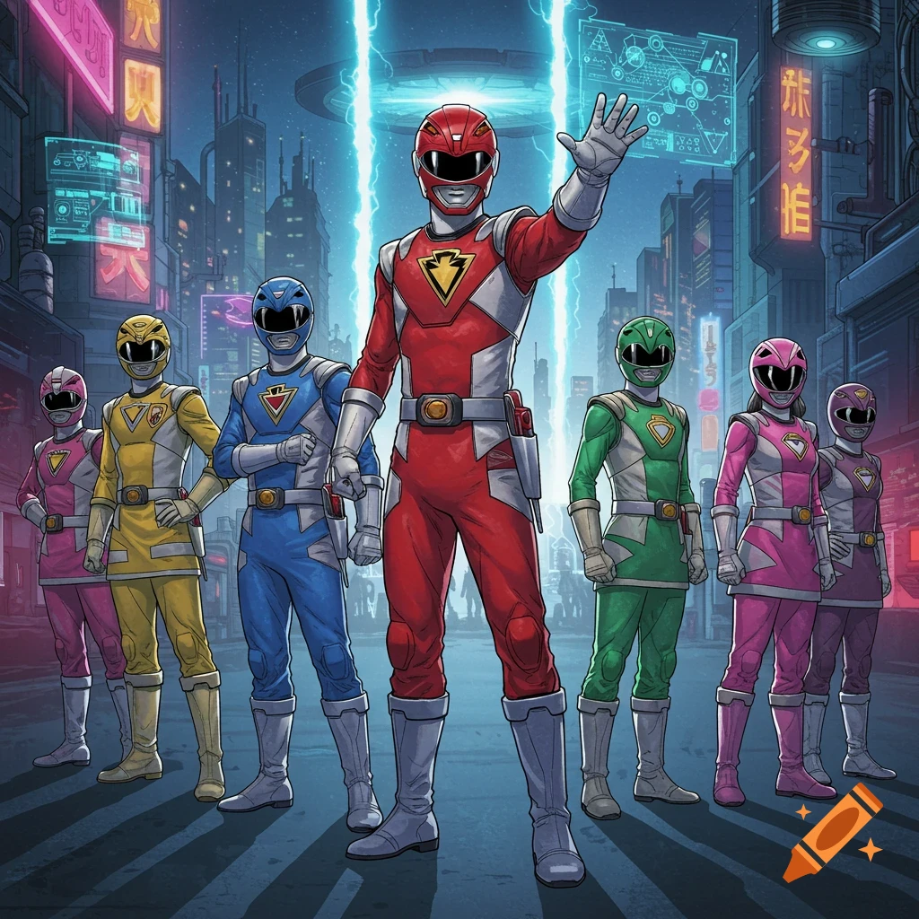Seven Power Rangers stand heroically in a neon-lit cyberpunk city with ...