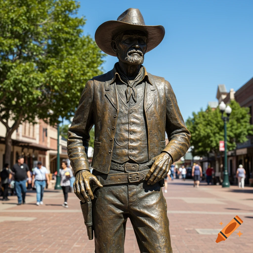 Photorealistic bronze statue of an old cowboy wearing a hat and bandana ...