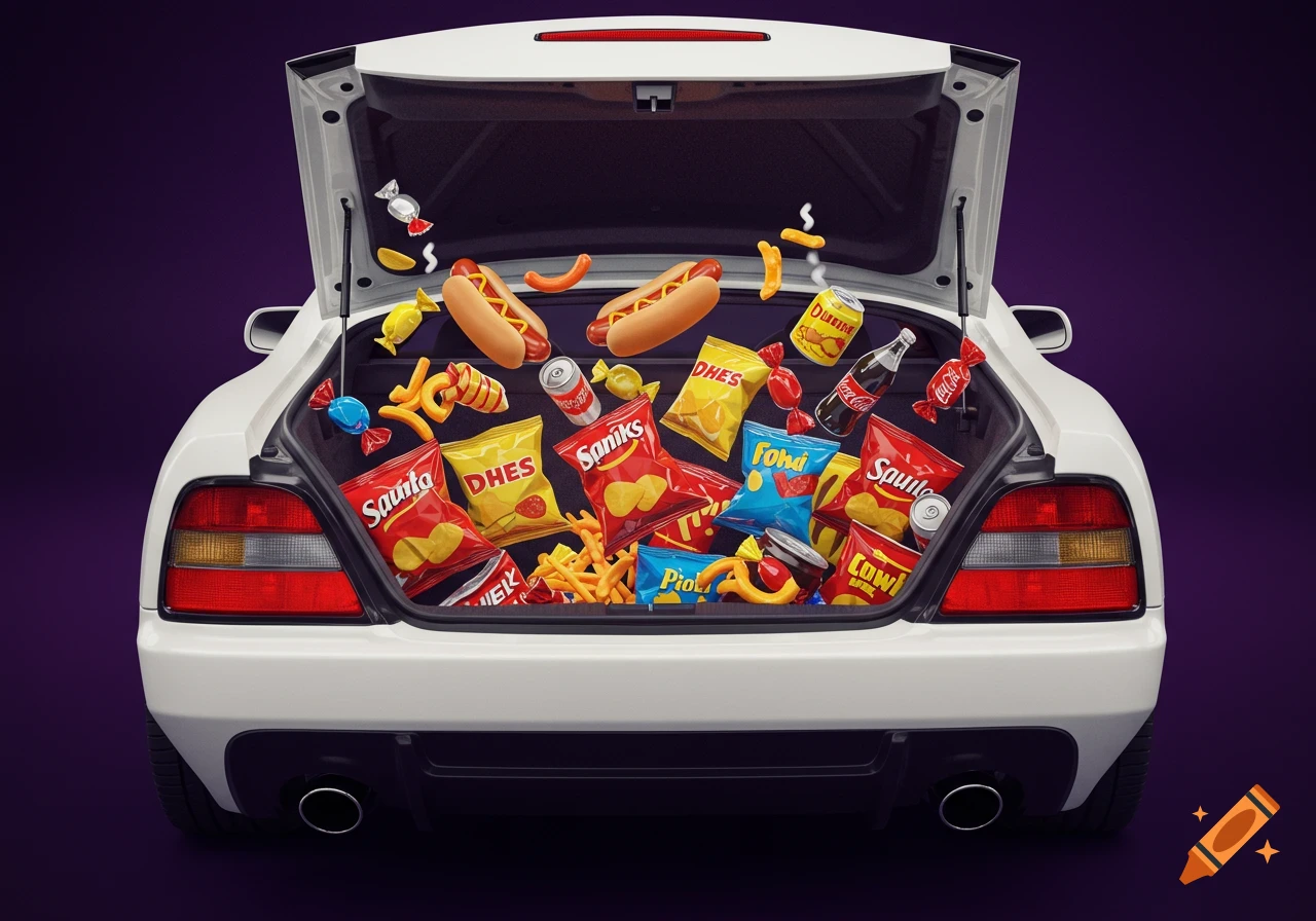 Cartoony white sports car with its open trunk filled with floating ...