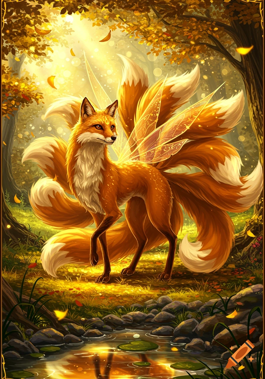 A mystical golden nine-tailed fox with glowing fairy wings stands in a ...