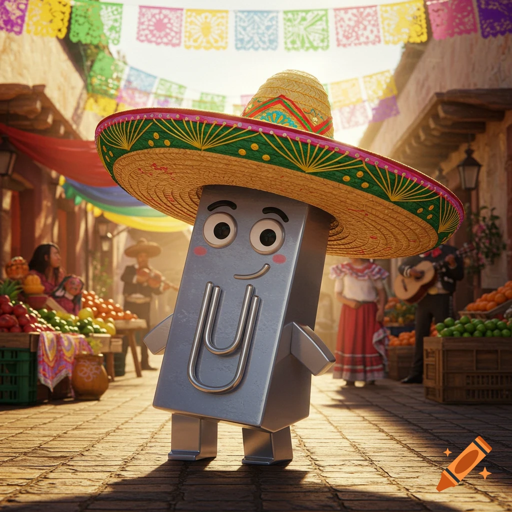 A smiling paperclip cartoon character, Clippy, wearing a sombrero ...
