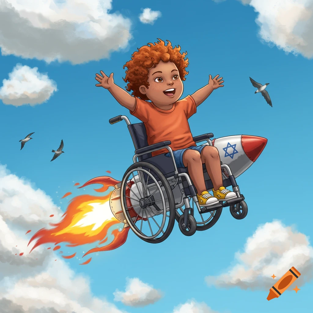 Illustration of a Black boy in a wheelchair flying with a jetpack ...