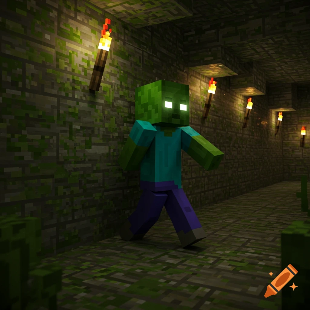 A pixelated Minecraft zombie with glowing eyes walks through a dark ...