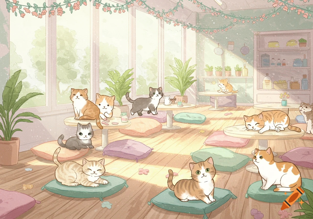 Cute cartoon cats relax and play in a sunny cat cafe with plants and ...