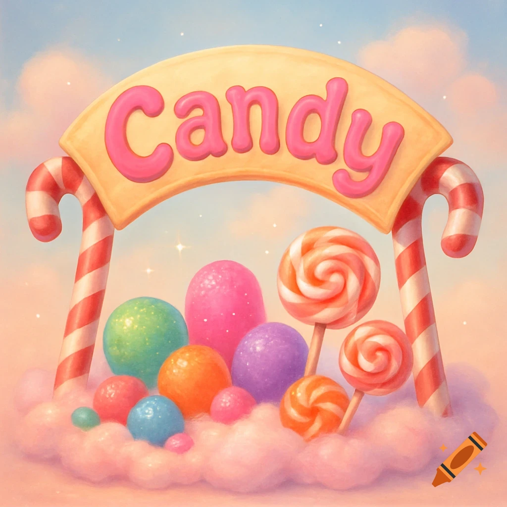 Cartoon illustration of a candy land with large red and white candy ...