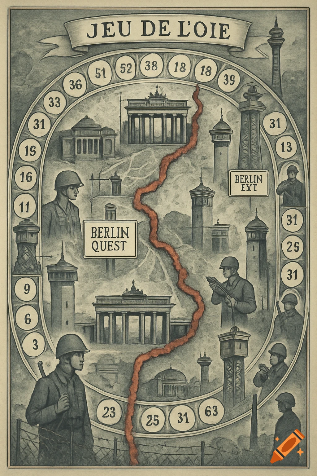 A vintage-style game board titled 'JEU DE L'OIE' depicting divided Cold ...