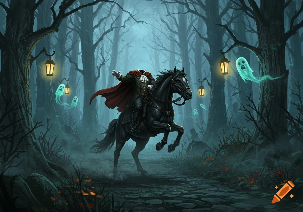 A headless horseman on a black horse rides through a dark, spooky ...