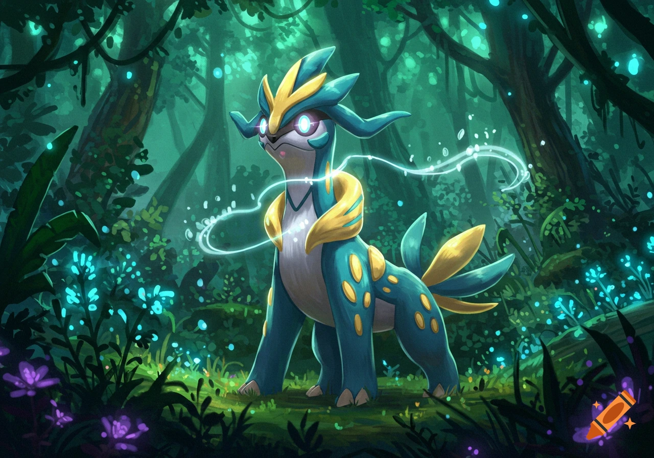 A teal and gold bipedal creature resembling a Pokemon stands in a ...