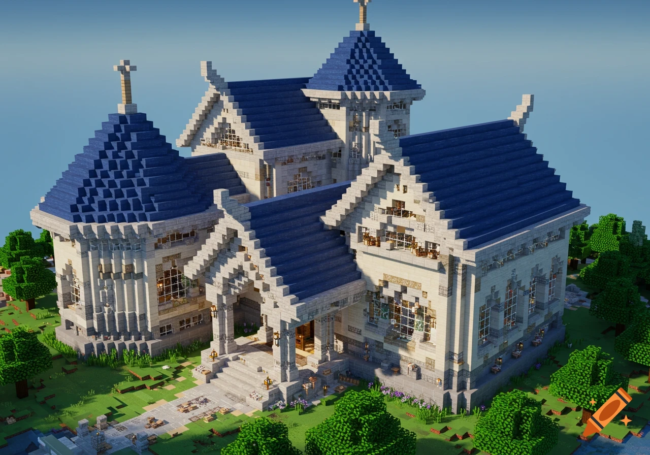 A detailed Minecraft-style fantasy mansion with blue roofs and light ...
