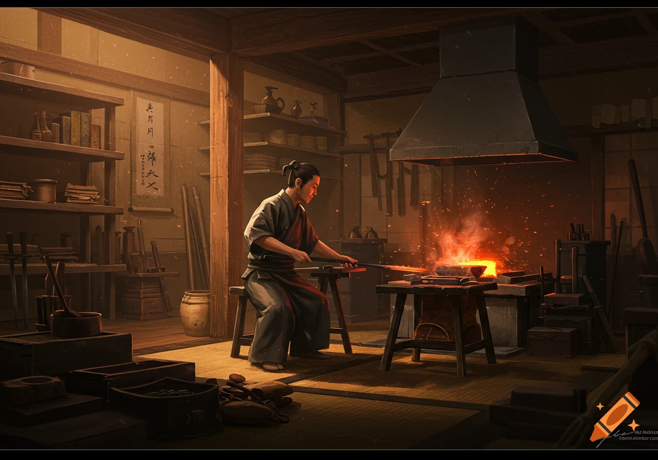 A Japanese craftsman in traditional attire works at a forge in a dimly ...