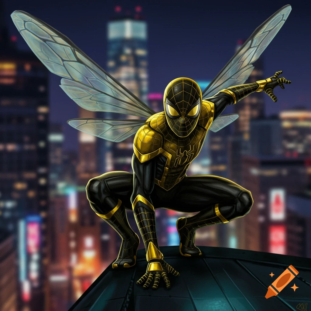 A black and gold Hornet Spider-Man character with translucent wings ...