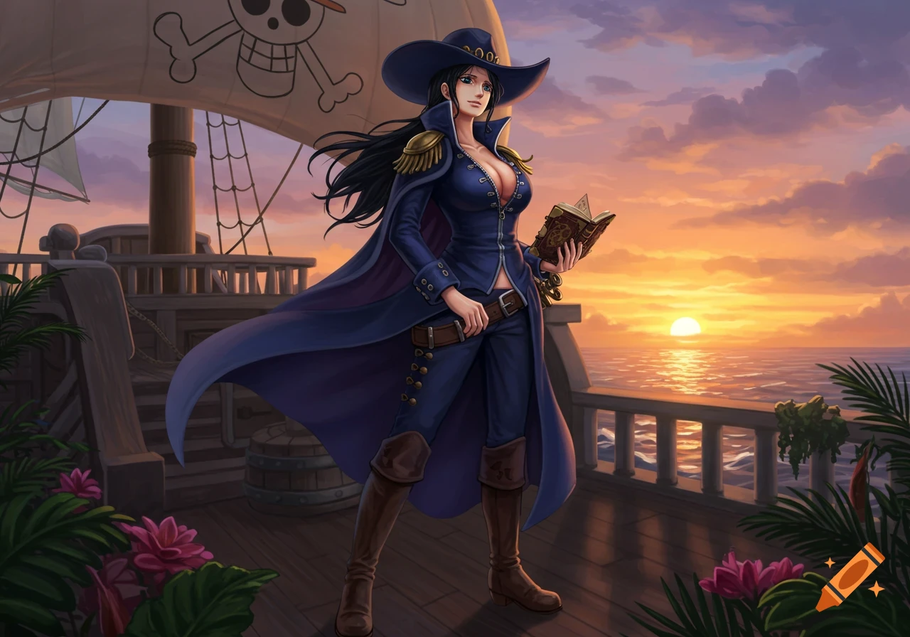 Nico Robin from One Piece stands on a pirate ship deck at sunset ...