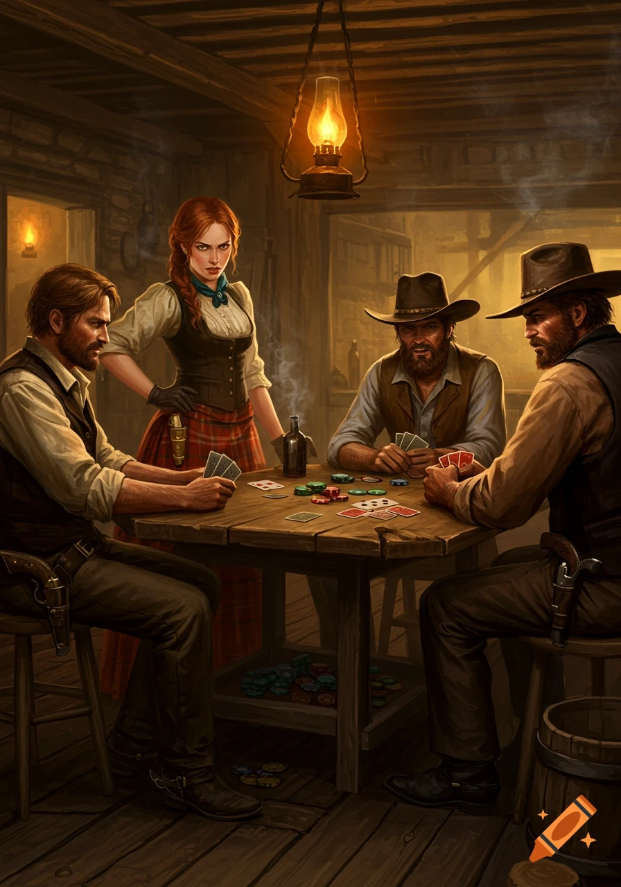 An oil painting of three cowboys and a woman in a saloon playing a card ...