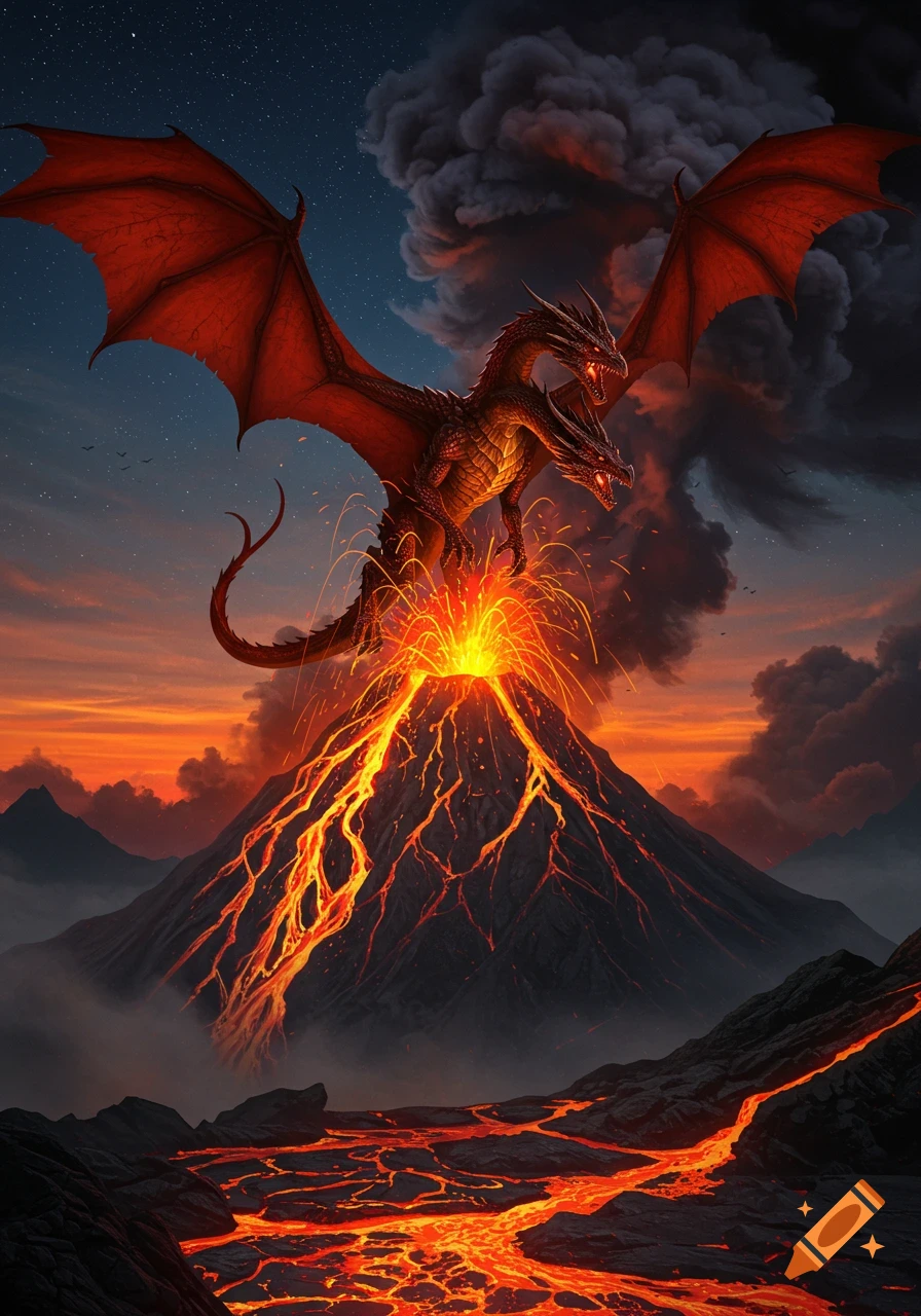 A two-headed red dragon with large wings hovers above an erupting ...