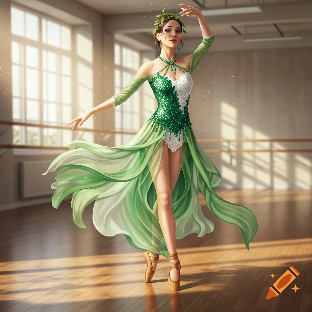 A woman in a flowing green lyrical dance costume and leafy crown poses ...