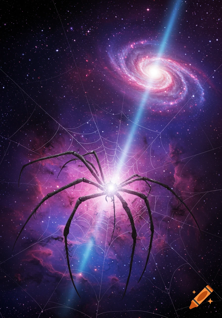 A giant black spider-like creature on a cosmic web, glowing in the ...