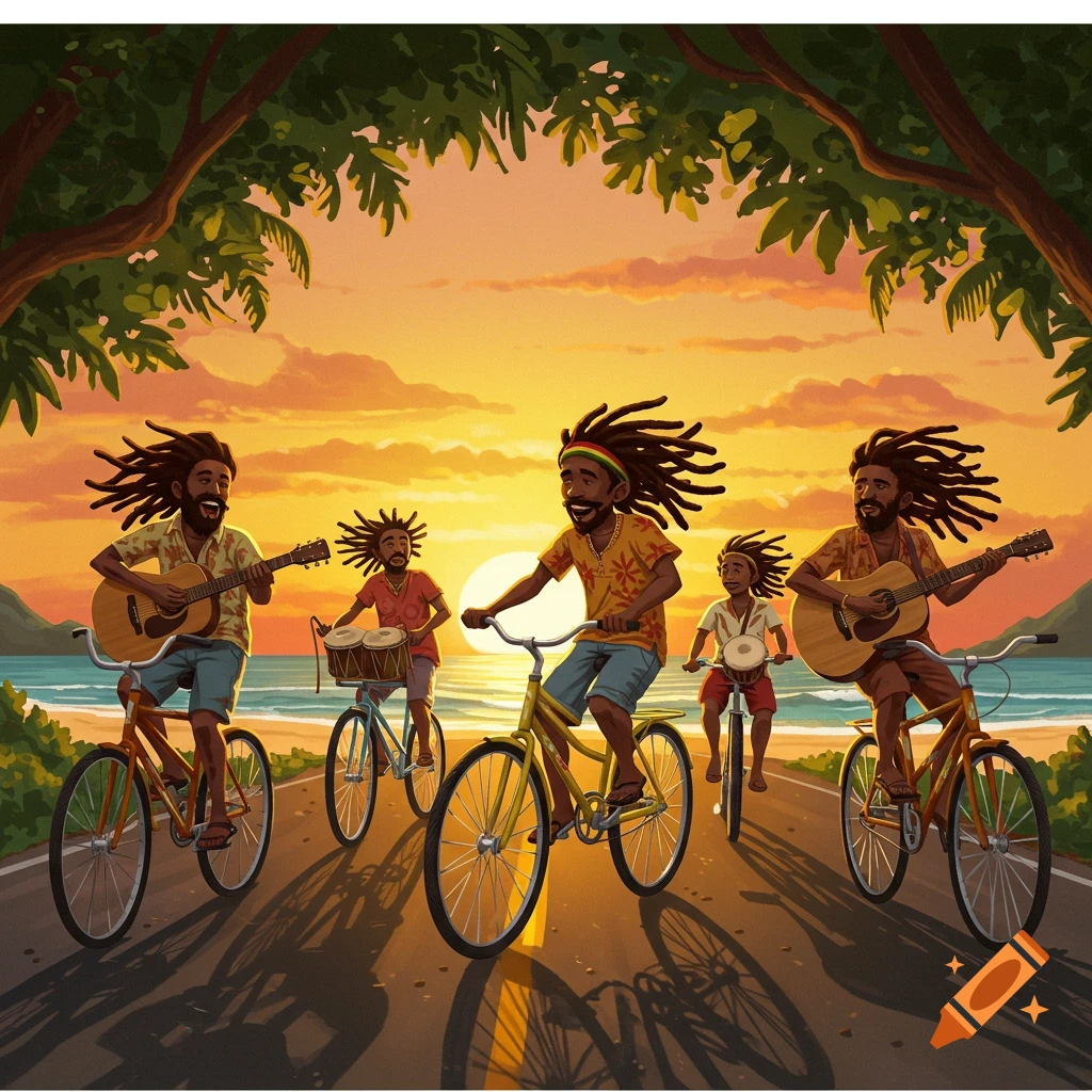 Vibrant illustration of a reggae band on bicycles playing music at ...