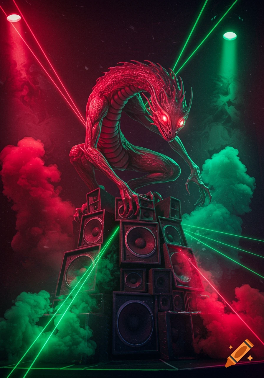 A red dragon-like monster with glowing eyes perches on a tall stack of ...