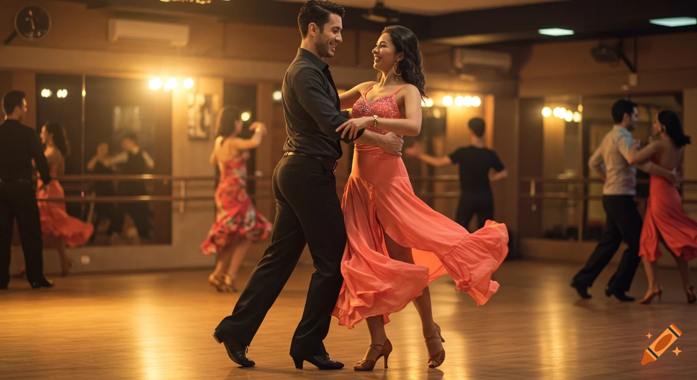 A photorealistic image of a smiling couple dancing salsa in a warmly ...