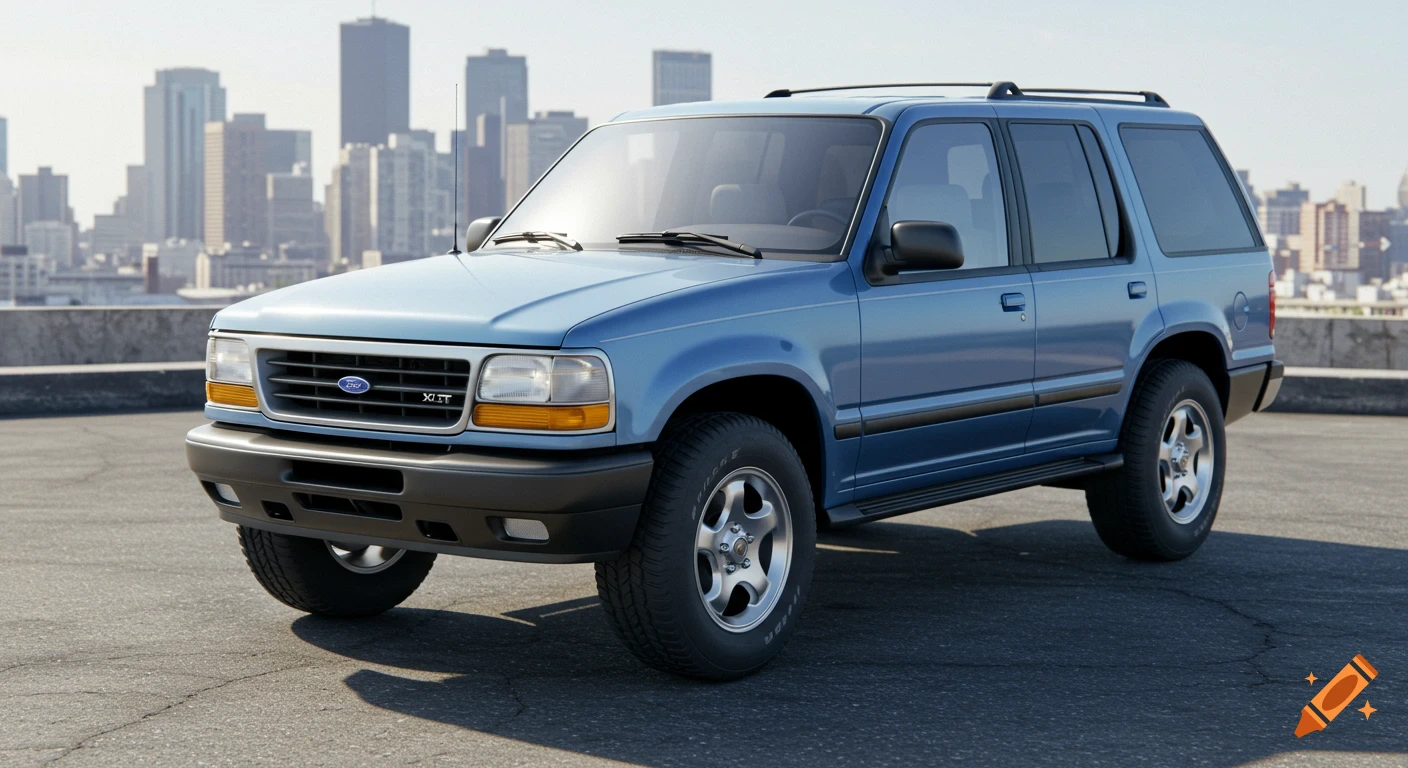 Photorealistic sky blue Ford Explorer XLT SUV parked on a city rooftop ...