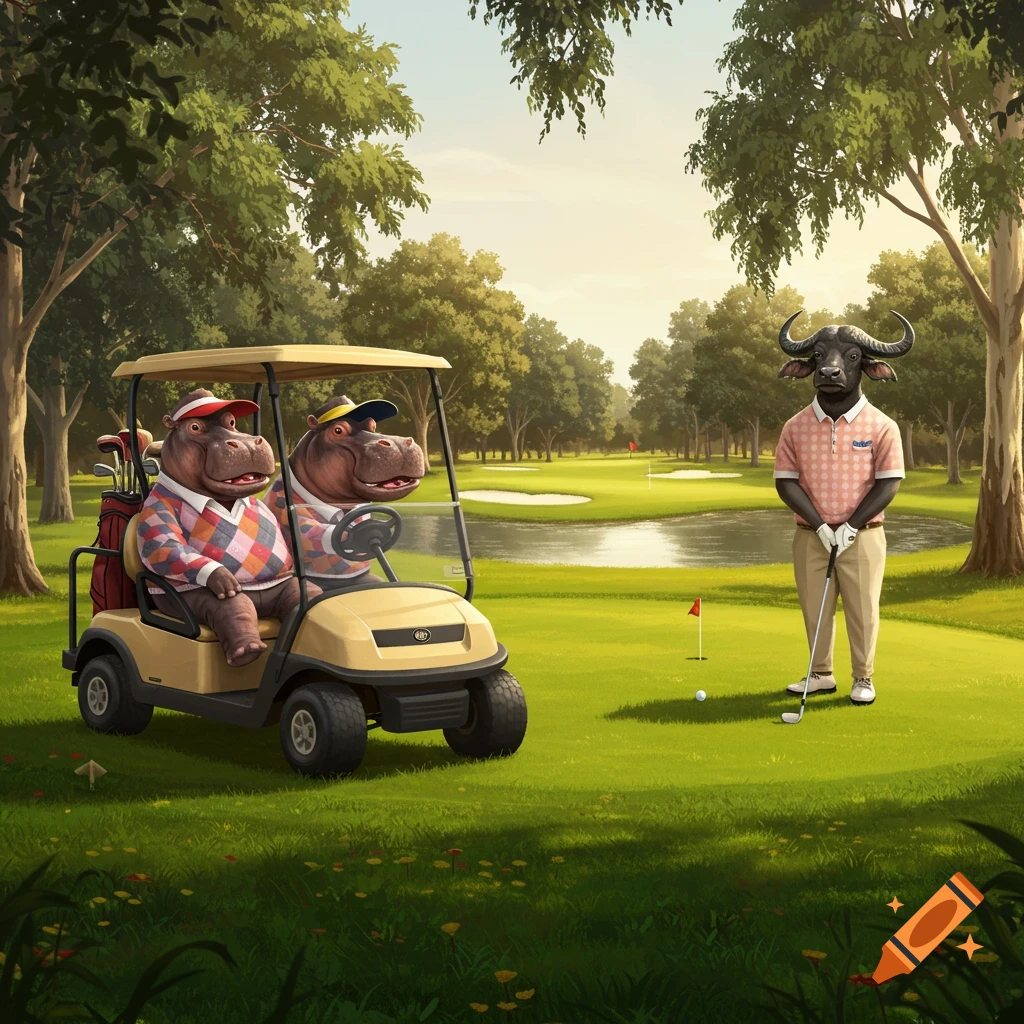 Two cartoon hippos drive a golf cart on a green course while a water ...