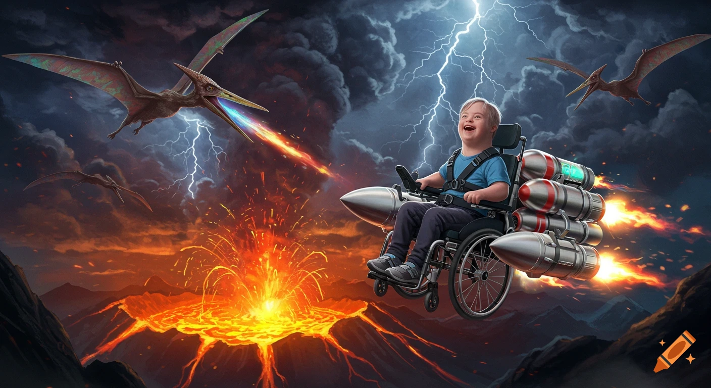 A happy boy in a rocket-powered wheelchair flies over an erupting ...