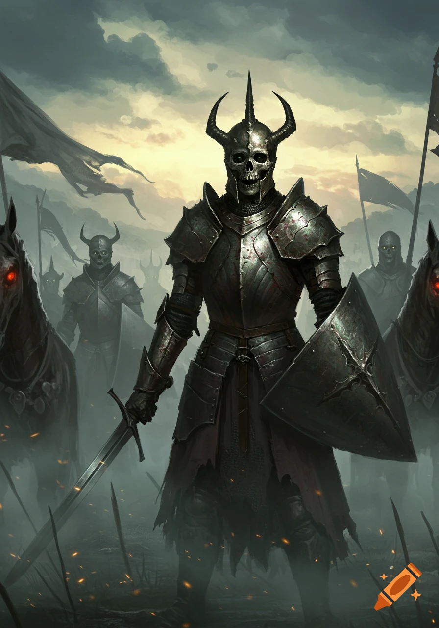 A line of minotaur-like figures with horns and hoods walk through a ...