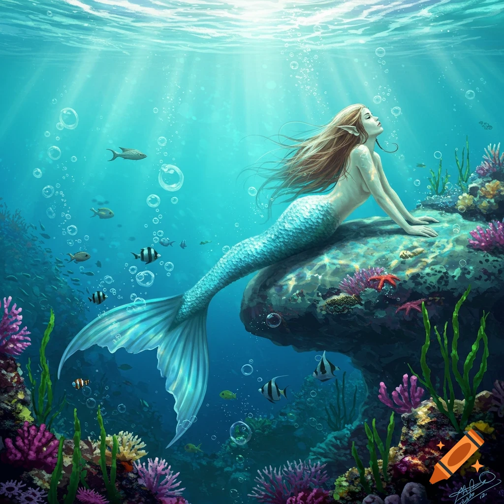 A beautiful mermaid with long blonde hair and a shimmering blue tail ...