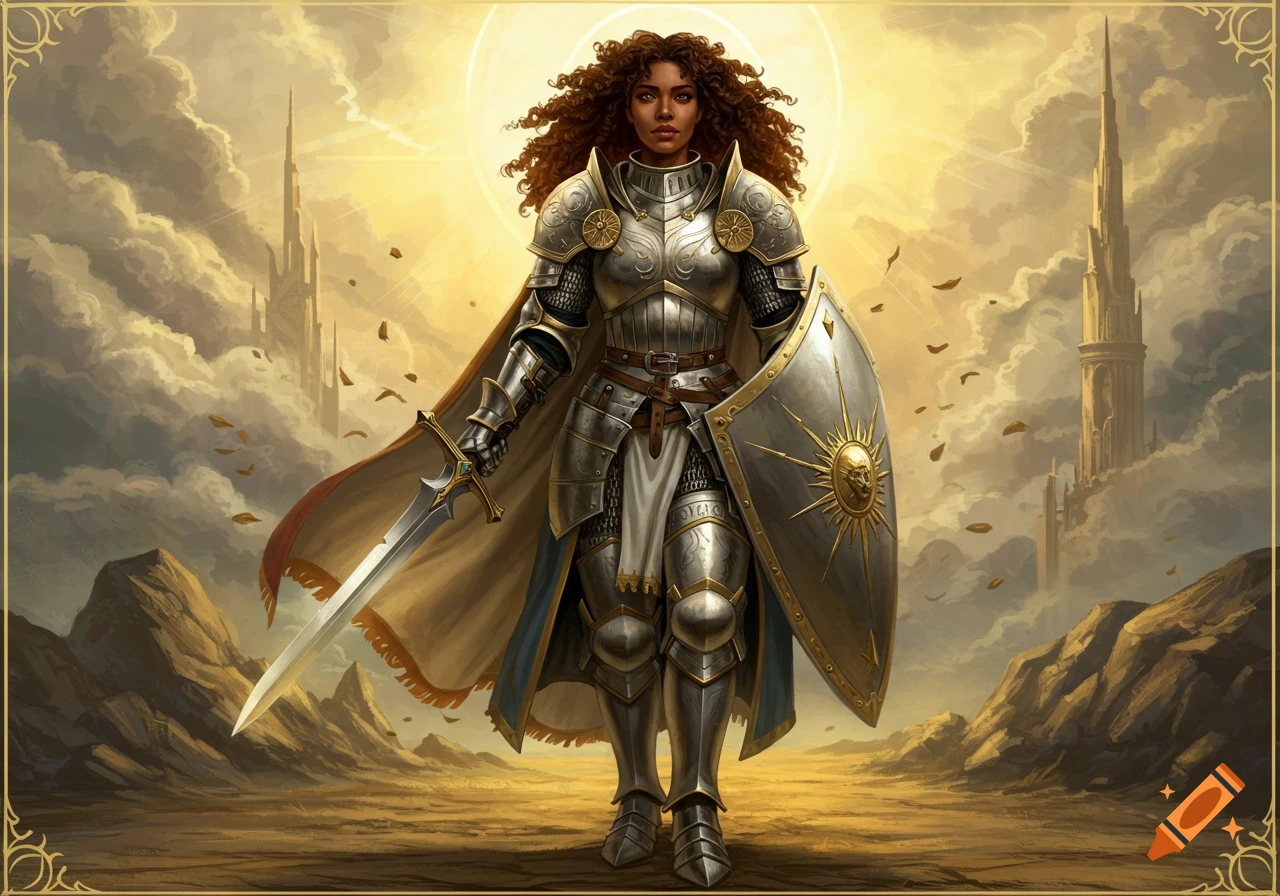A formidable female paladin with curly hair and olive skin stands in ...