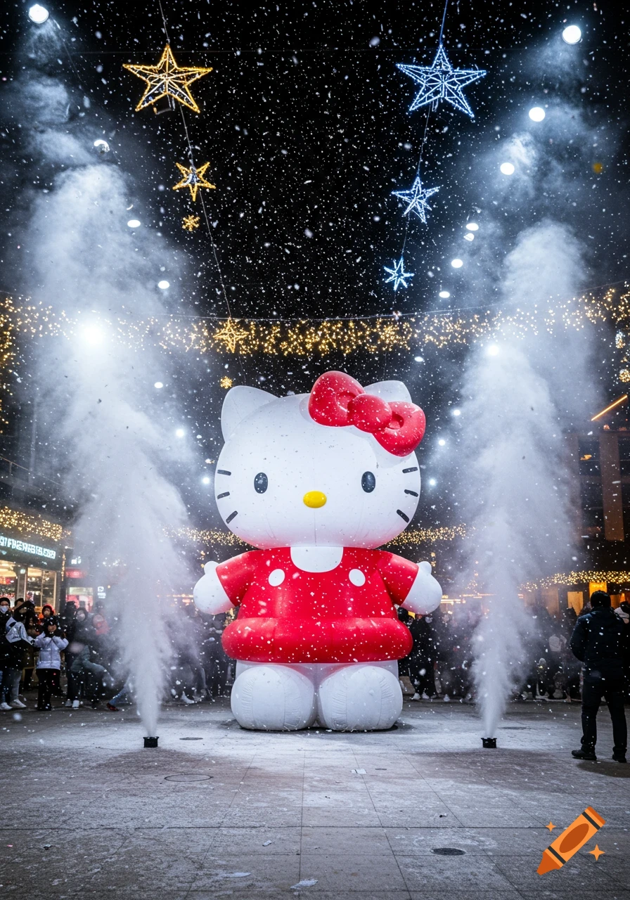 Giant inflatable Hello Kitty in a red dress stands in a snowy town ...