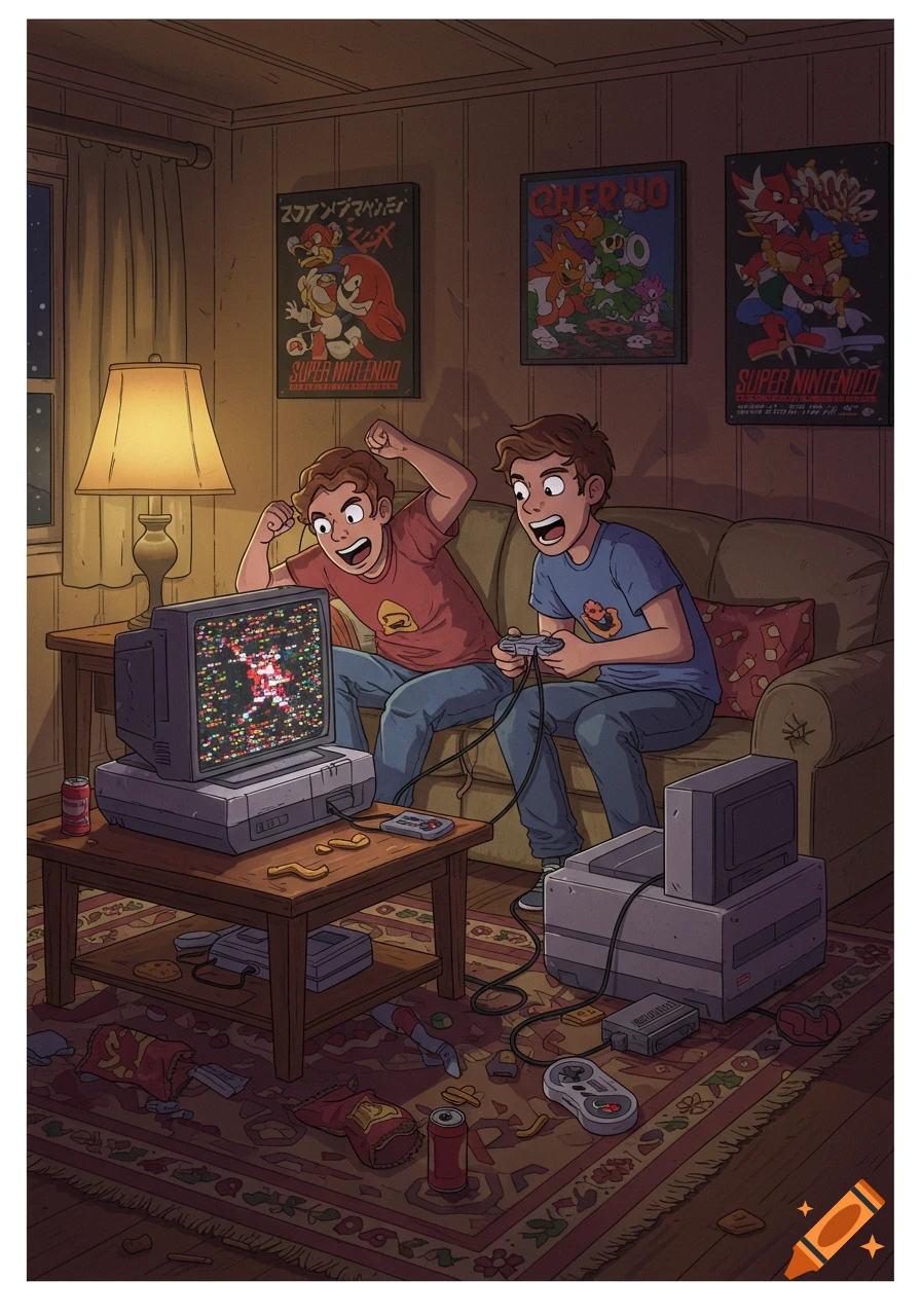 Two excited cartoon men playing Super Nintendo in a messy living room ...