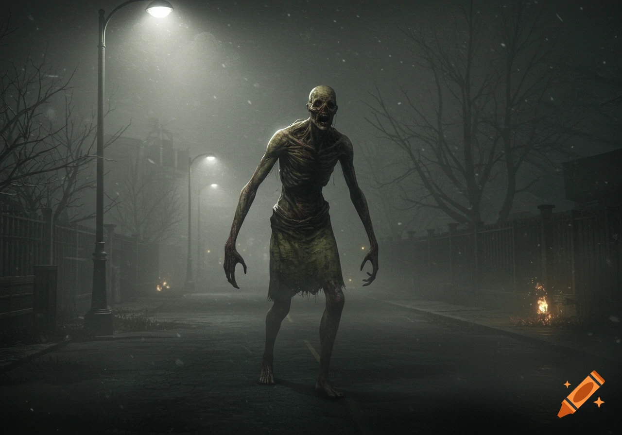 A terrifying, emaciated monster with elongated limbs stands on a foggy ...