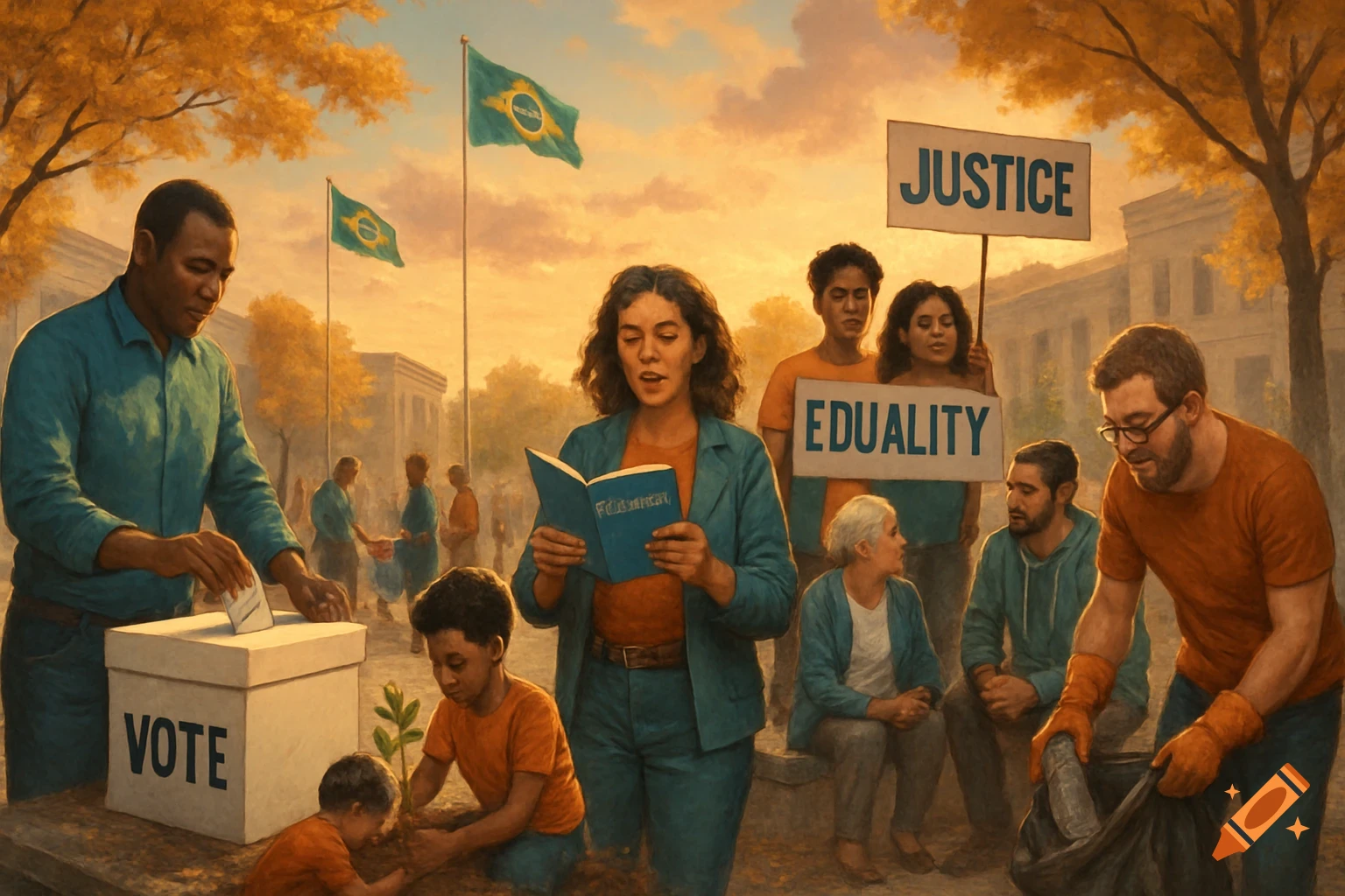 A community scene in a warm, painted style: people vote, plant trees ...