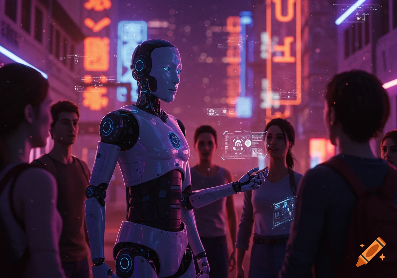 A humanoid robot interacts with a group of people in a neon-lit ...