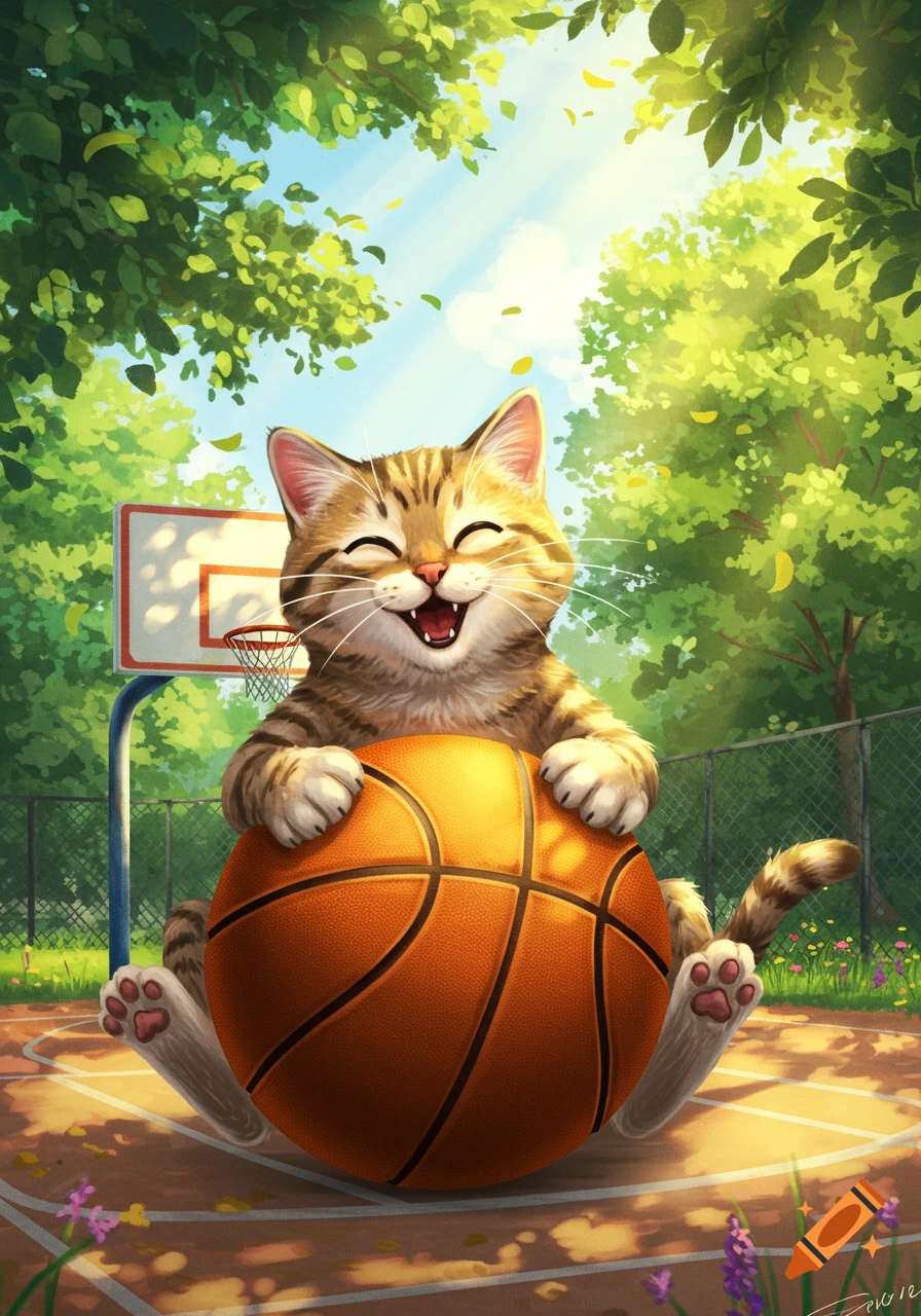 A happy, cartoon cat sitting on a basketball court, gleefully holding a ...