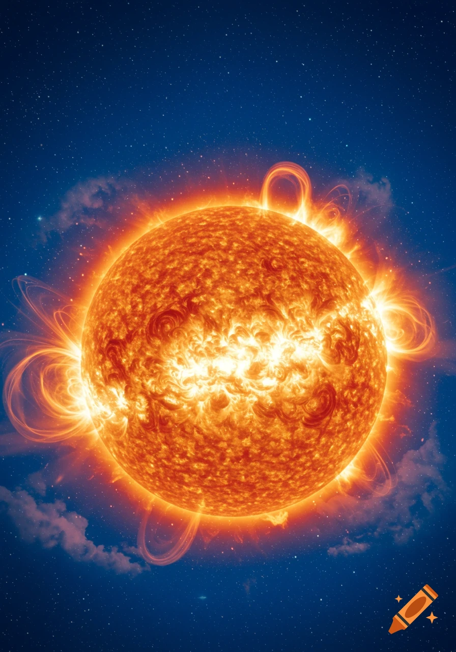 A vibrant, fiery orange sun with bright solar flares and coronal loops ...