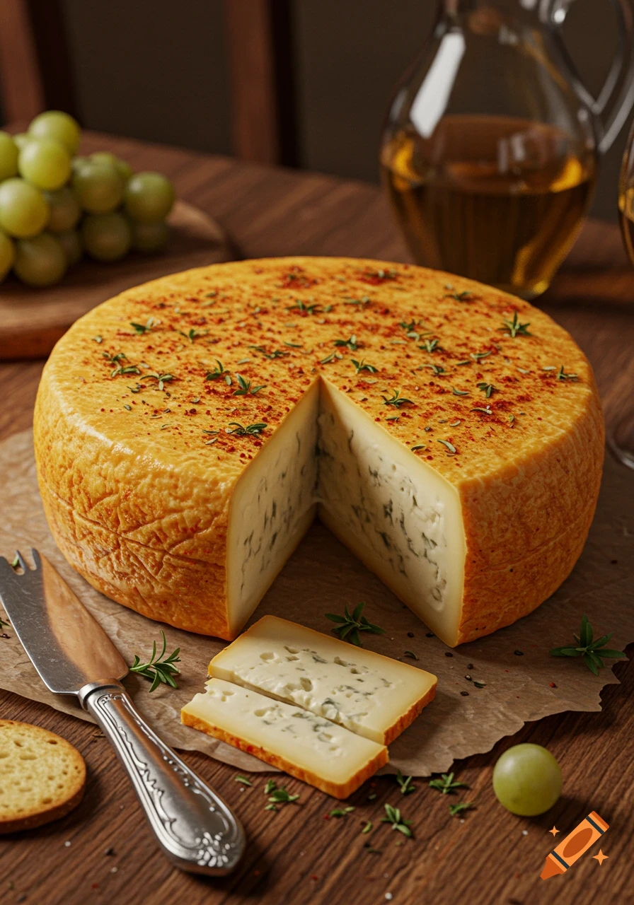 Photorealistic wheel of blue cheese with a cut slice, grapes, bread ...