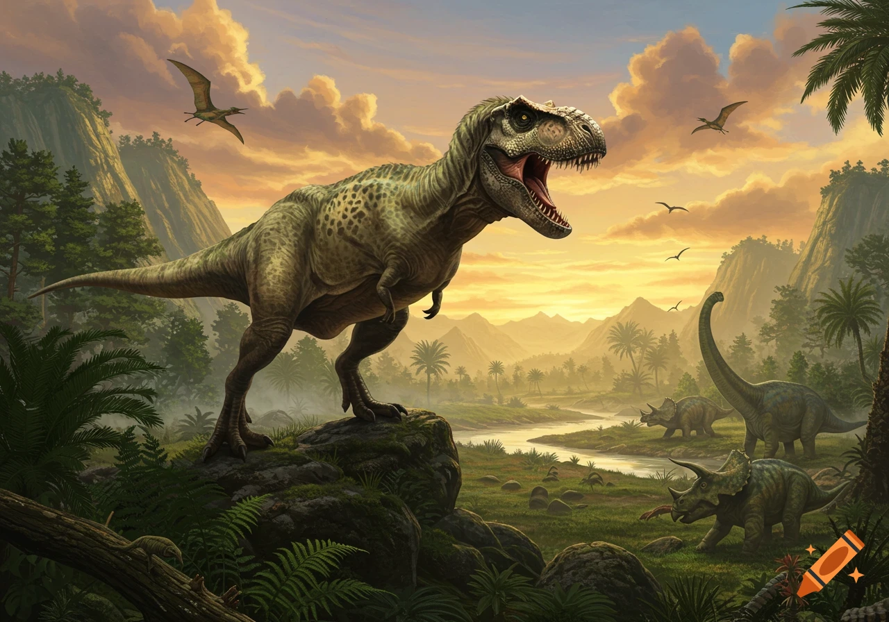 Several dinosaurs and pterosaurs in a lush prehistoric landscape with a ...
