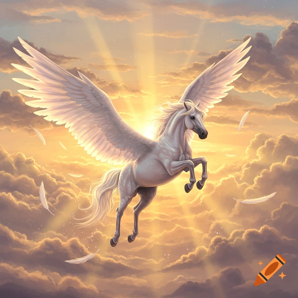 White Pegasus flying gracefully through golden clouds at sunset, with feathers drifting. on Craiyon