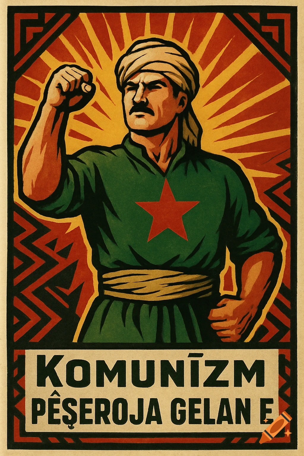 Red and cream propaganda poster depicting a man with a raised fist ...