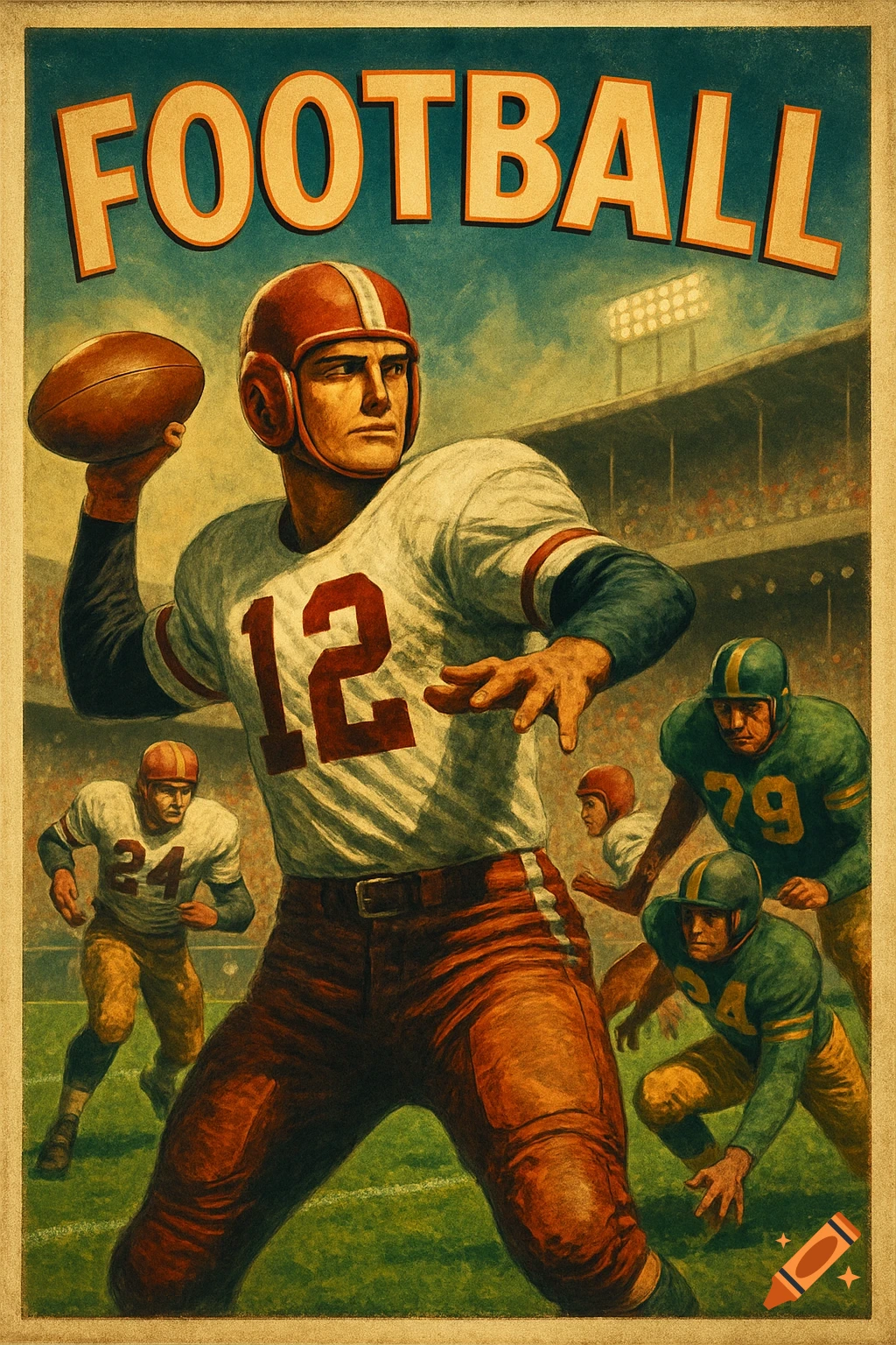 A vintage-style trading card depicting a running male soccer striker on ...