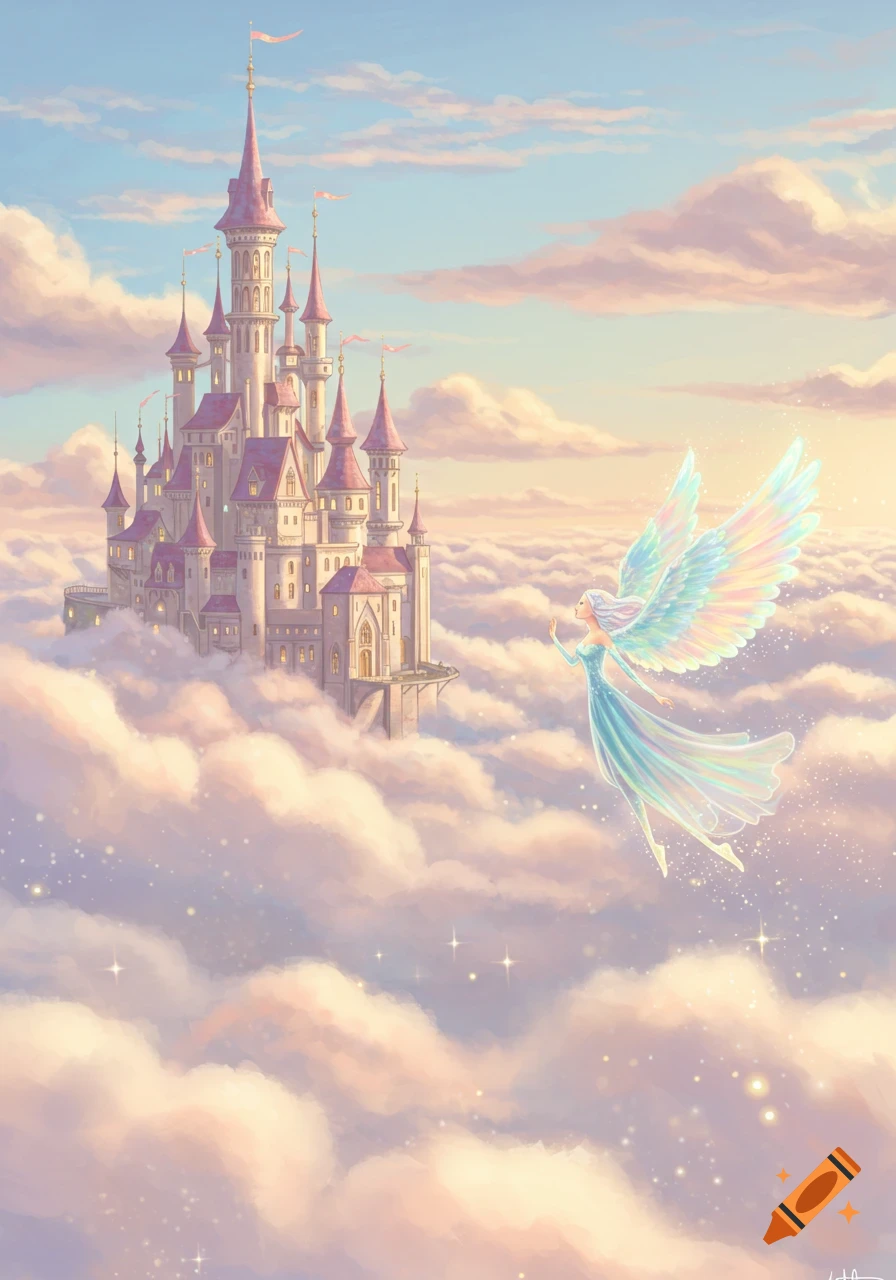A whimsical fantasy painting of a majestic cloud castle and a glowing winged angel-like figure ...