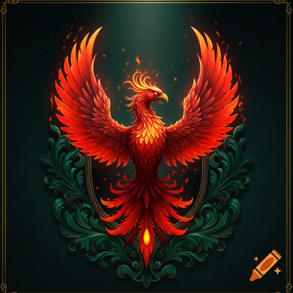A vibrant phoenix with fiery orange and blue wings, surrounded by ...