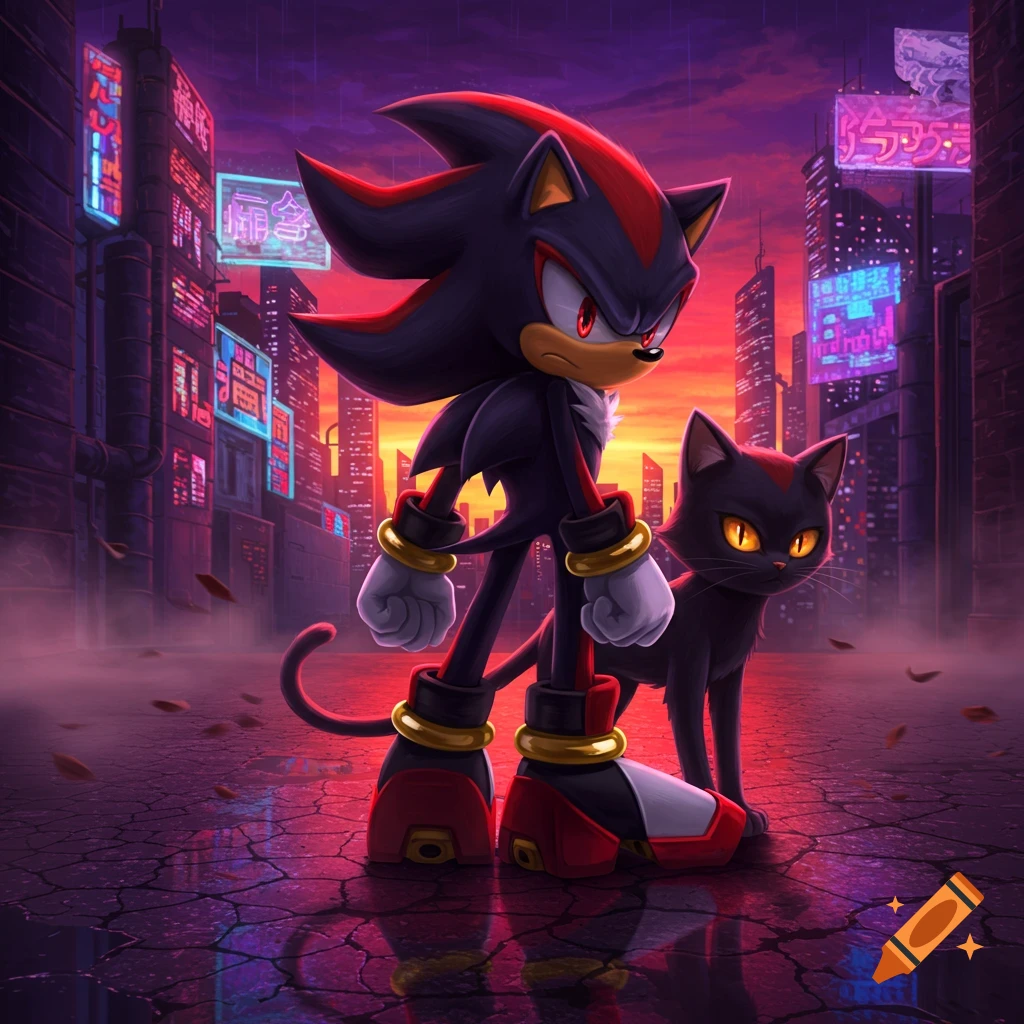Sonic and Shadow the Hedgehog nose-to-nose on a neon-lit city street in ...