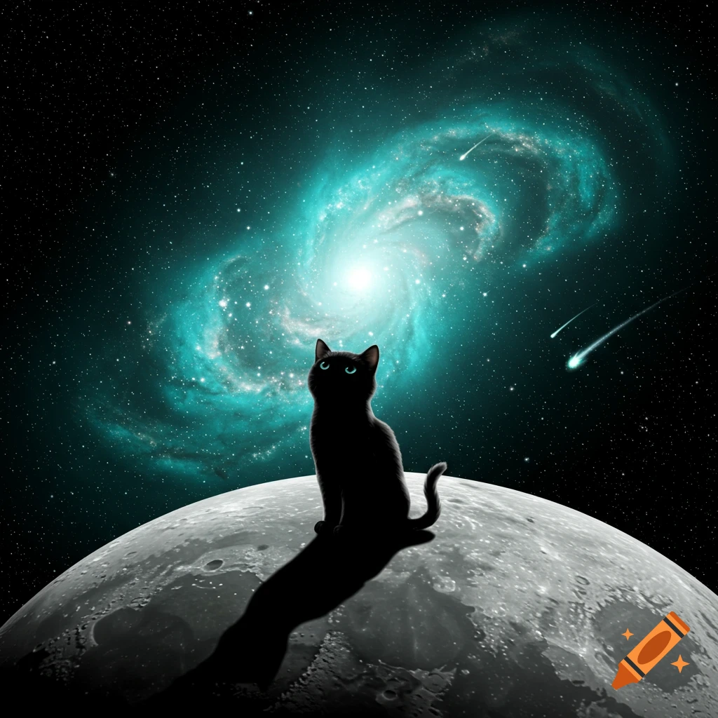 Several vibrant green cats float gracefully through a dark cosmic space, surrounded by swirling ...