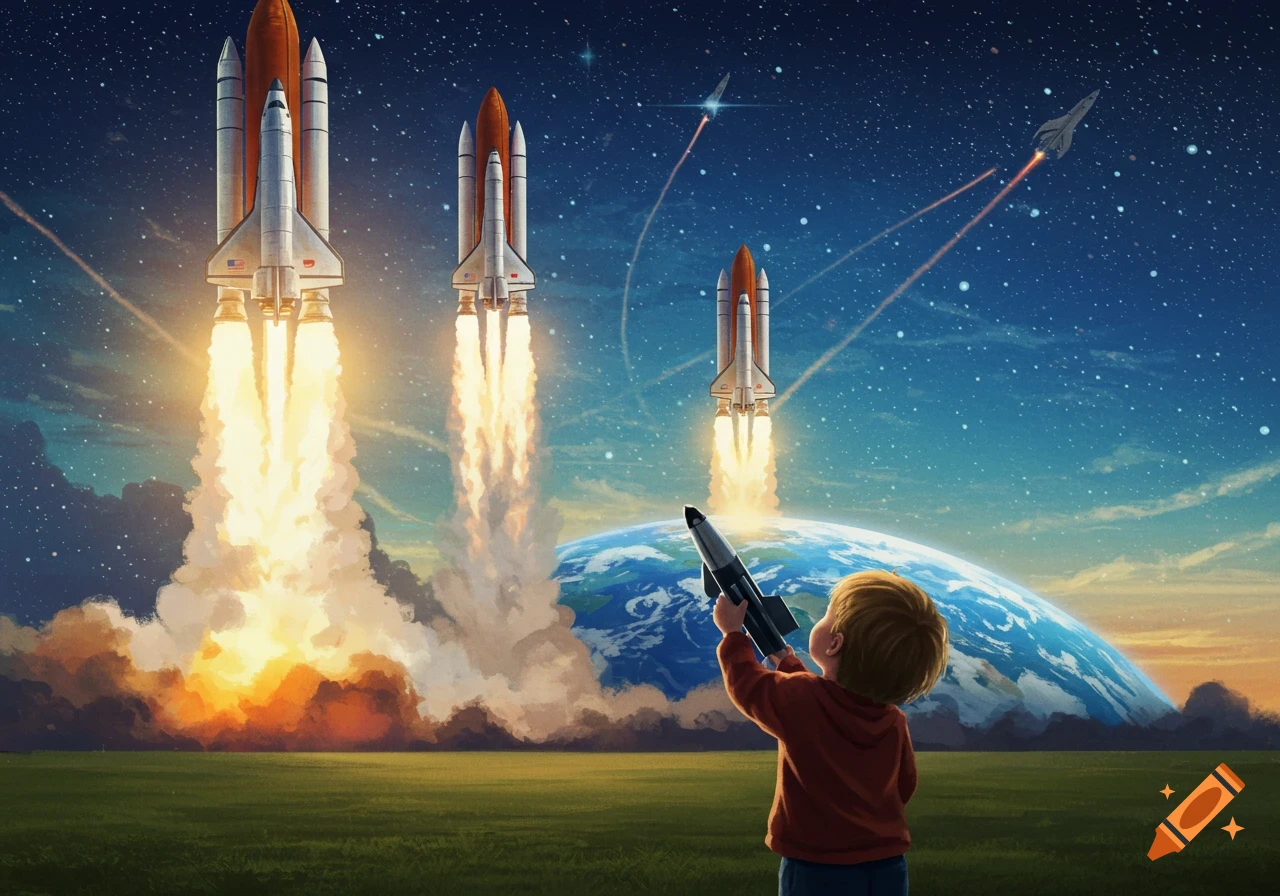 A child holding a toy rocket on a grassy field, looking up at several ...