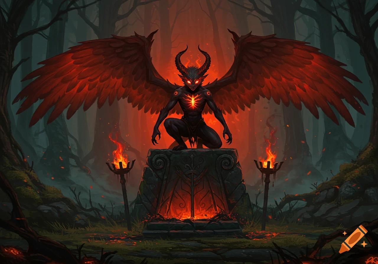 A dark, horned, winged demon with glowing red eyes and chest crouches ...