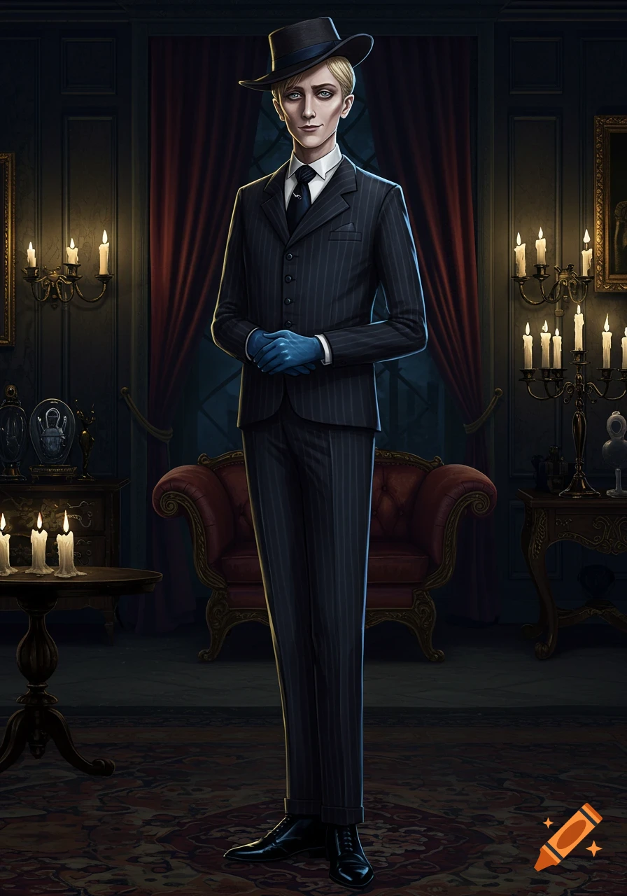 A stylized digital illustration of a male character with white hair ...