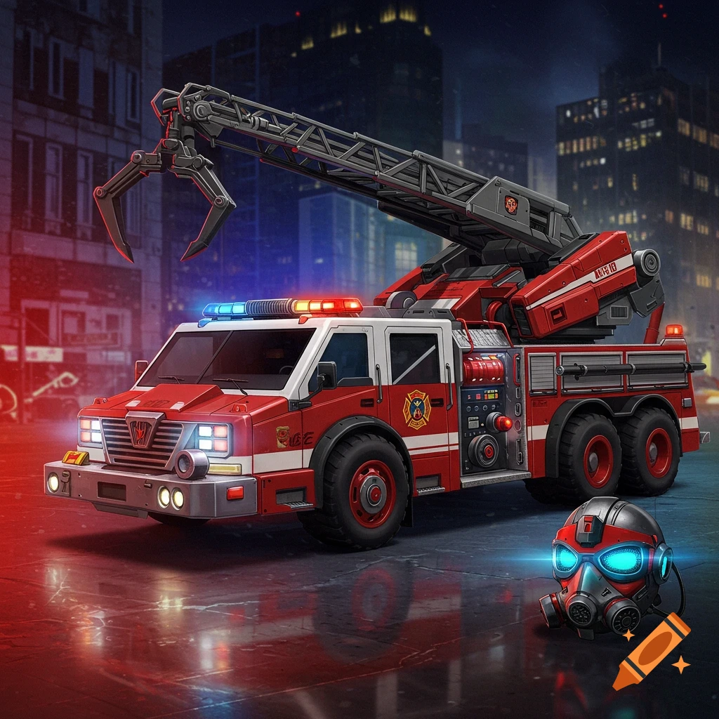 A red and white futuristic fire truck with a mechanical arm and ...